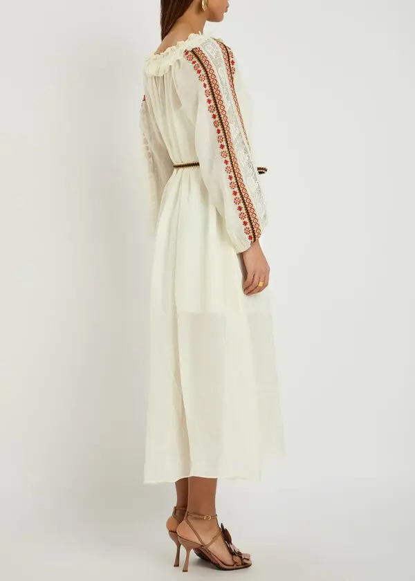 Zimmermann Aster Embroidered Belted Ramie Maxi Dress - White