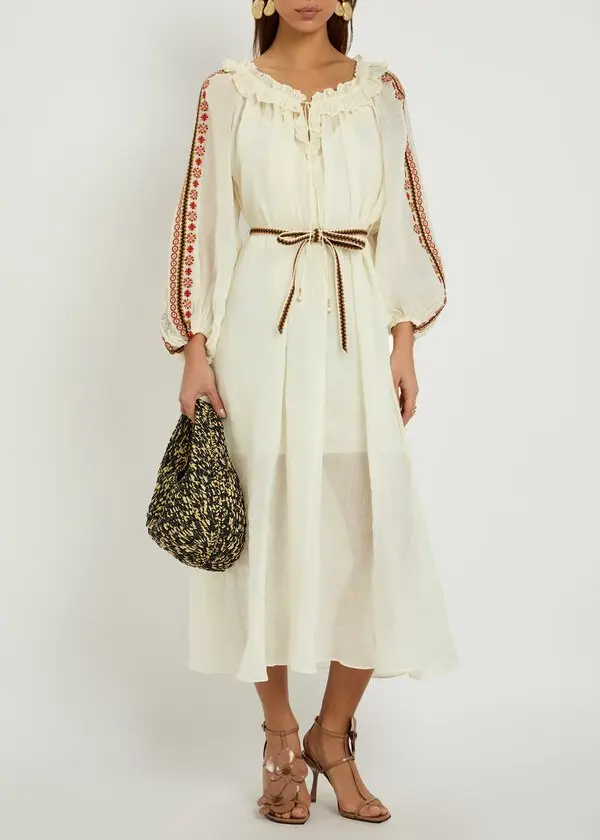 Zimmermann Aster Embroidered Belted Ramie Maxi Dress - White