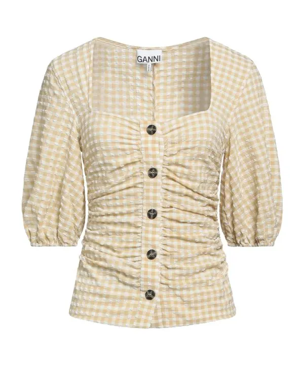 GANNI Plaid Square Neck Ruched Top