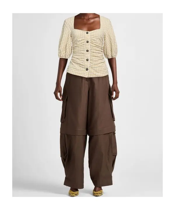 GANNI Plaid Square Neck Ruched Top