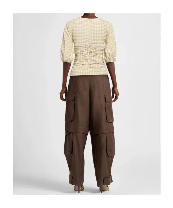 GANNI Plaid Square Neck Ruched Top
