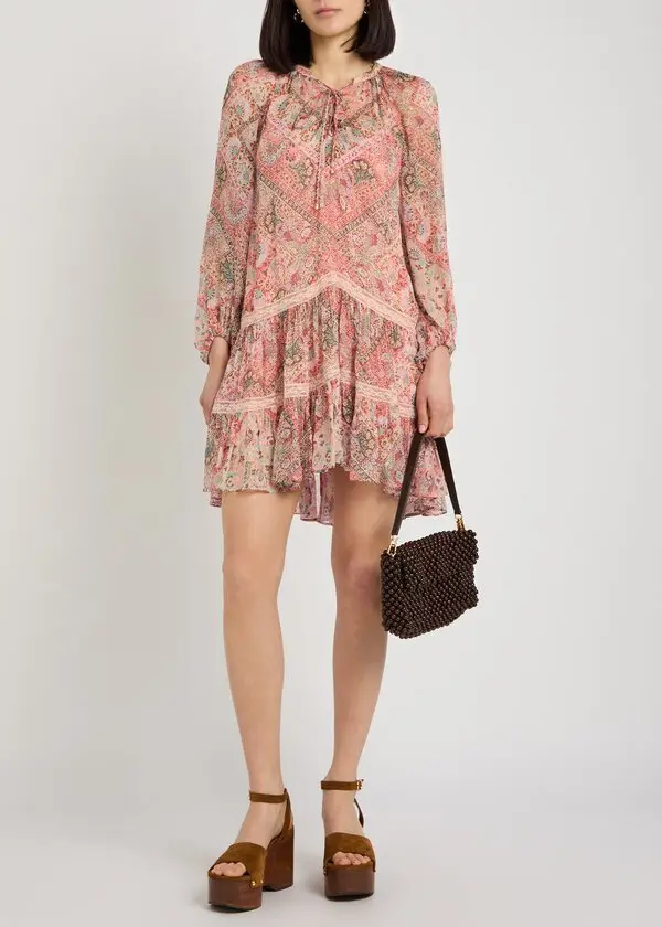 Rixo Printed Georgette Mini Dress With Lace Inserts And Balloon Sleeves