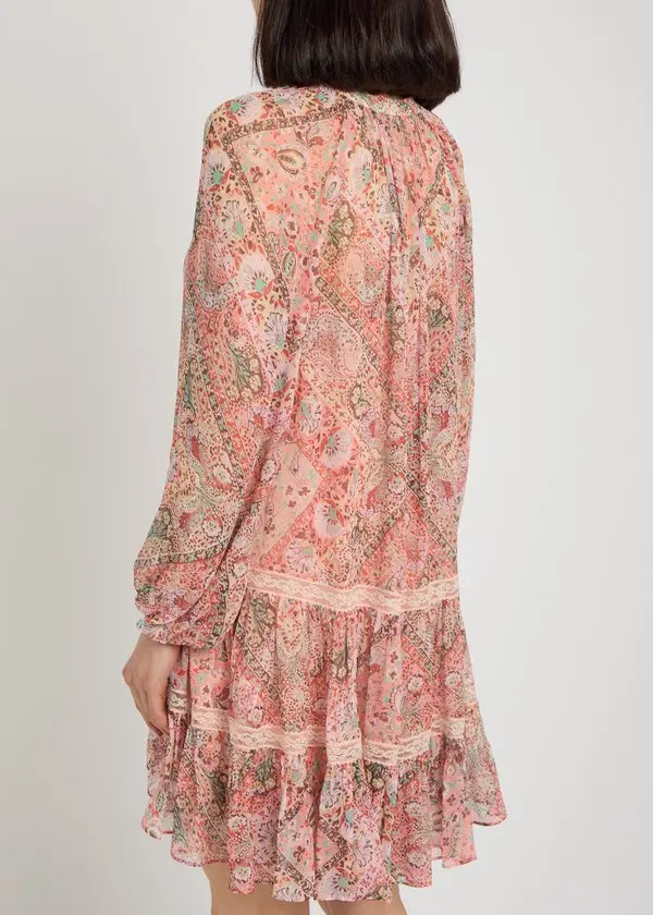 Rixo Printed Georgette Mini Dress With Lace Inserts And Balloon Sleeves