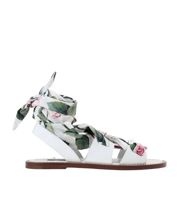 Dolce & Gabbana Floral Woven Leather Ankle Tie Sandals - White