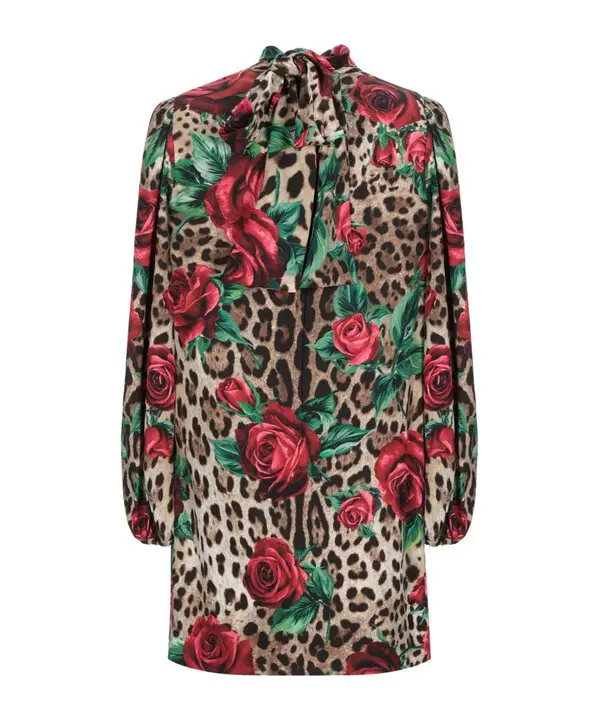Dolce & Gabbana Leopard And Rose Print Long Sleeve Dress