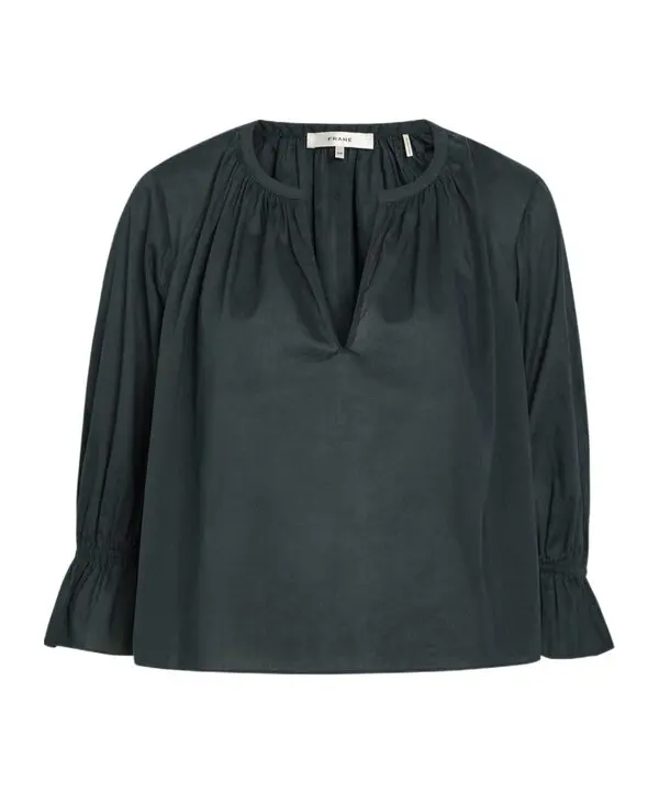 FRAME V-neck Cotton Shirt With Gathered Details And Elasticated Cuffs - Black