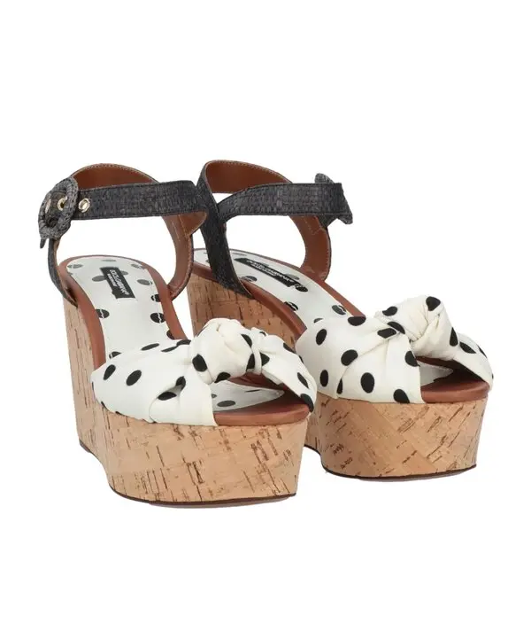 Dolce & Gabbana Woven Straw Wedge Sandals With Polka Dot Detail
