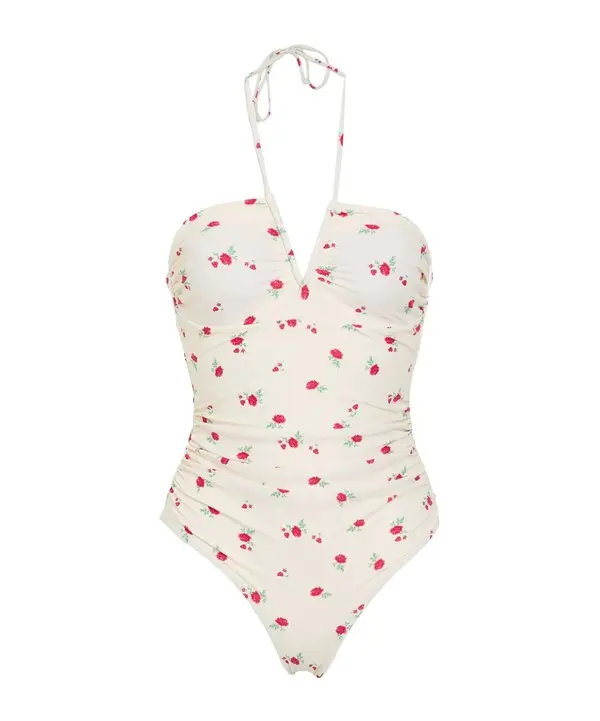 GANNI Floral Print Gathered Halterneck One Piece Swimsuit