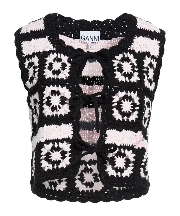 GANNI Crocheted Sleeveless Vest With Tie Detail - Black