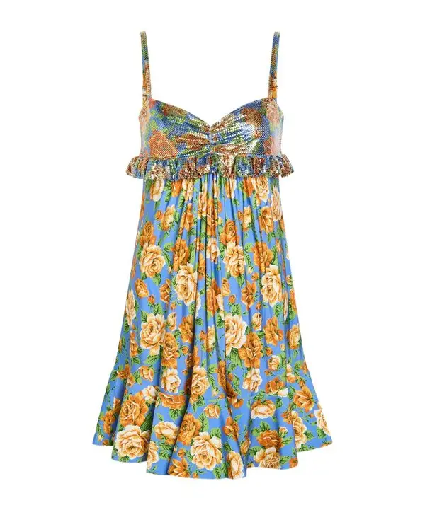 Rabanne Floral-print Chainmail And Jersey Mini Dress