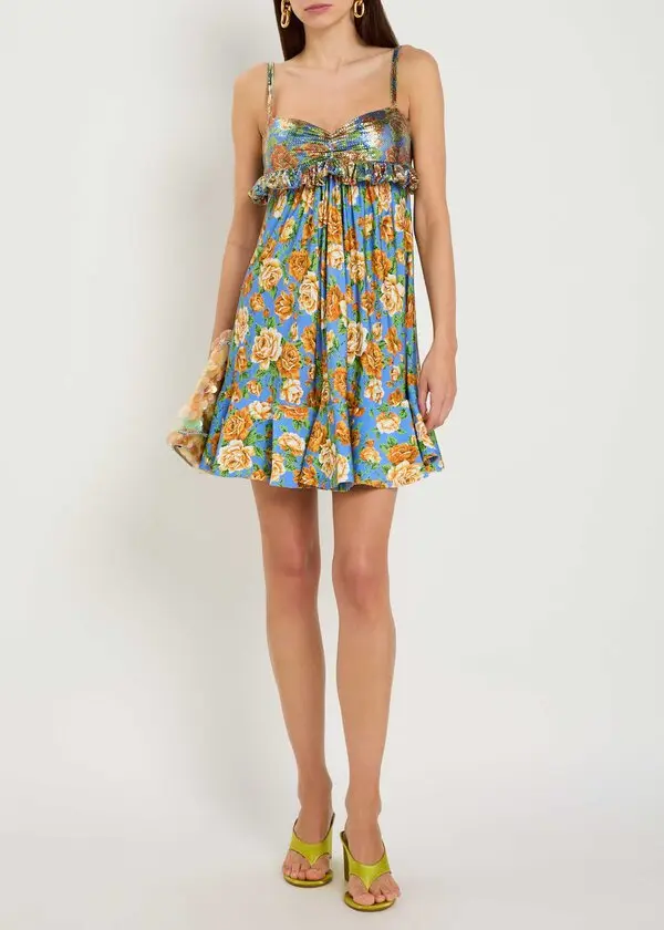 Rabanne Floral-print Chainmail And Jersey Mini Dress