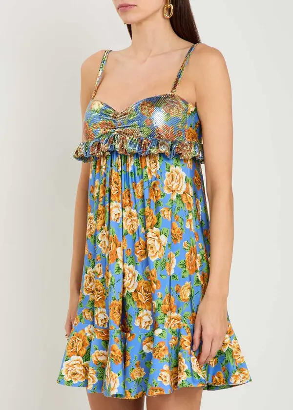 Rabanne Floral-print Chainmail And Jersey Mini Dress
