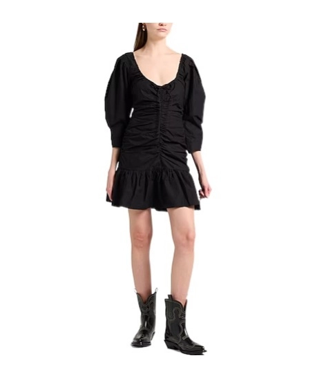 GANNI Flared Plain Colour Woven Long Sleeve Scoop Neck Dress