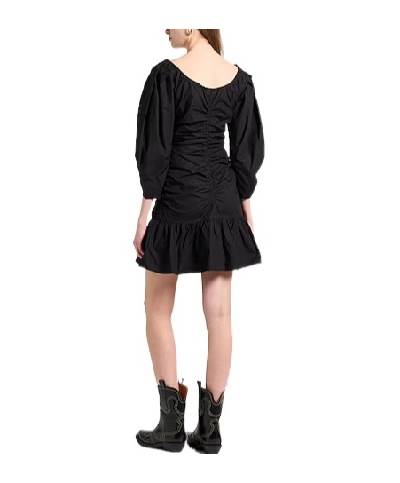 GANNI Flared Plain Colour Woven Long Sleeve Scoop Neck Dress
