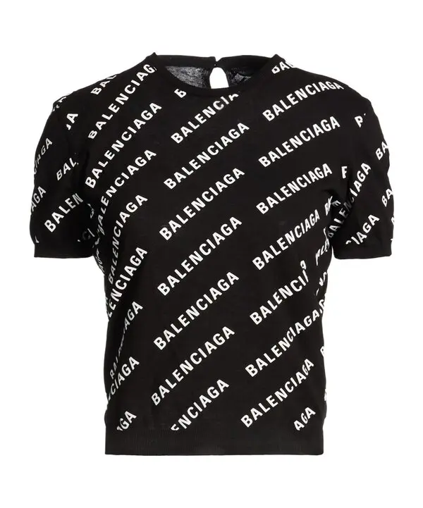 Balenciaga Short-sleeved Crew Neck Sweater With All-over Logo Print - Black