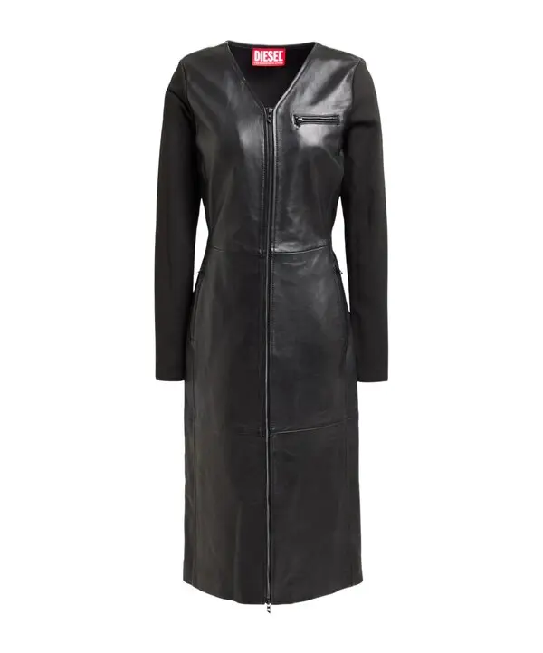 DIESEL® Leather V-neck Midi Dress With Zip Fastening
