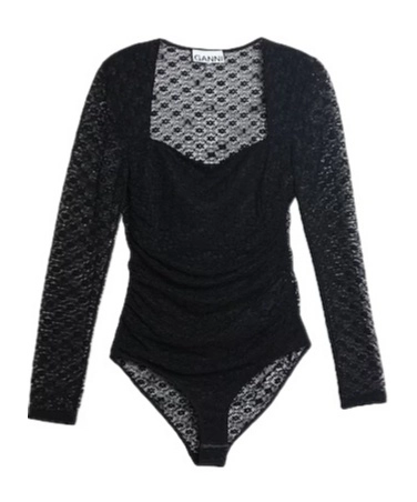 GANNI Solid Color Lace Long-sleeve Bodysuit