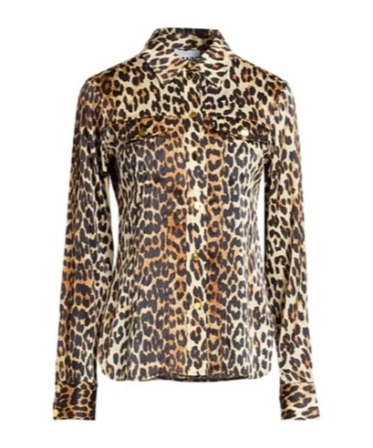GANNI Leopard Print Satin Long Sleeve Shirt