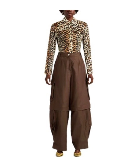 GANNI Leopard Print Satin Long Sleeve Shirt