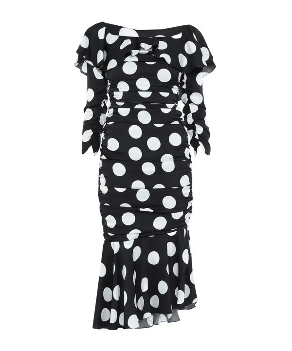 Dolce & Gabbana Polka Dot Satin Midi Dress With Ruffle Detail