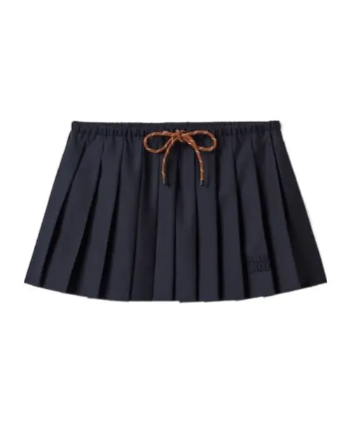 Miu Miu Pleated Batavia Skirt With Embroidered Logo And Drawstring Waist