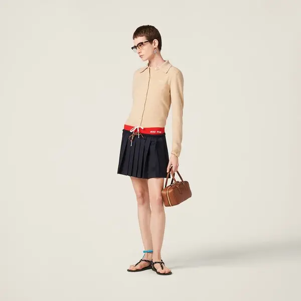 Miu Miu Pleated Batavia Skirt With Embroidered Logo And Drawstring Waist