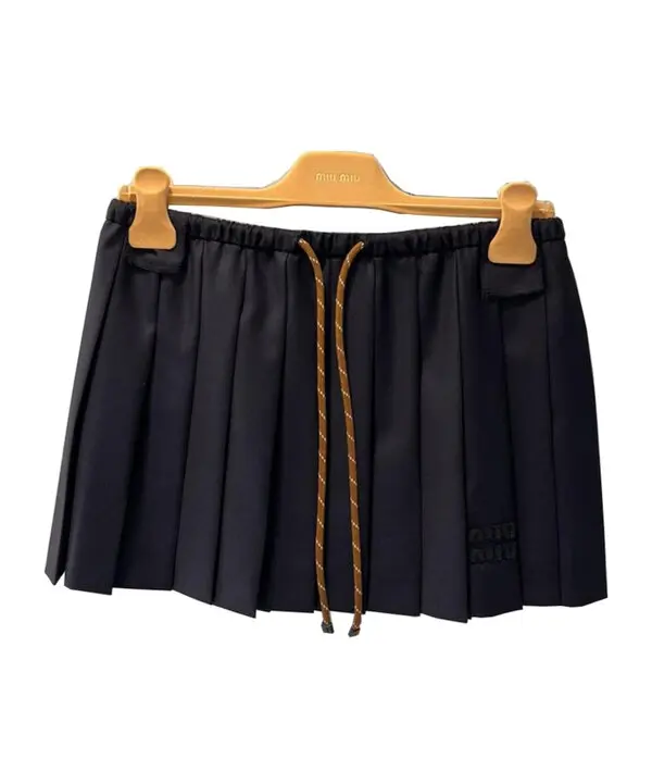 Miu Miu Pleated Batavia Skirt With Embroidered Logo And Drawstring Waist