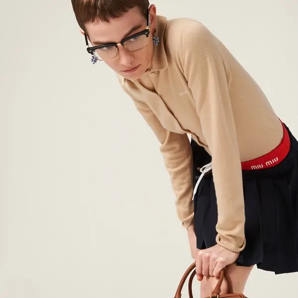 Miu Miu Pleated Batavia Skirt With Embroidered Logo And Drawstring Waist