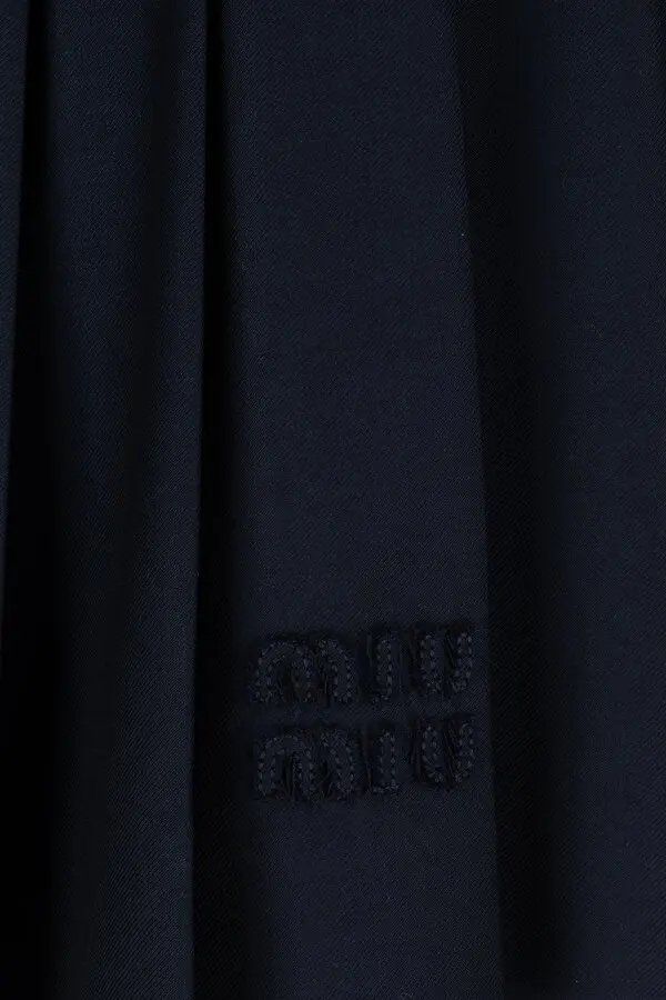 Miu Miu Pleated Batavia Skirt With Embroidered Logo And Drawstring Waist - Blue