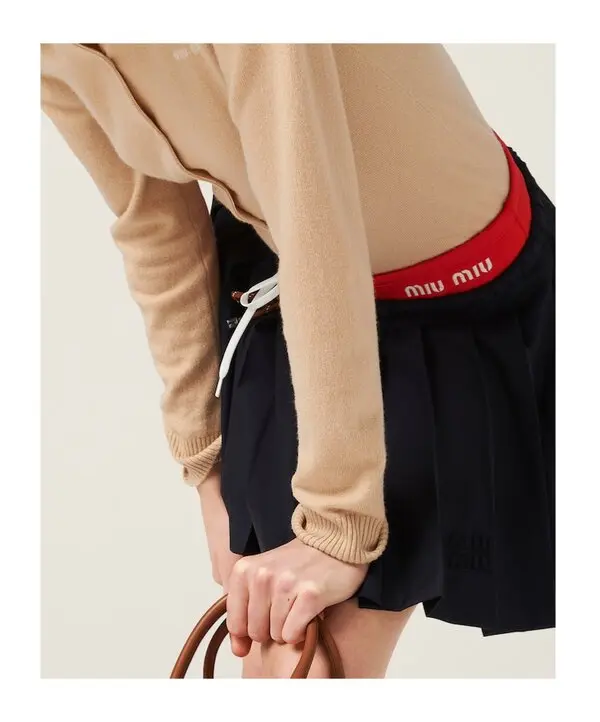 Miu Miu Pleated Batavia Skirt With Embroidered Logo And Drawstring Waist - Blue