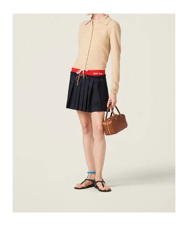 Miu Miu Pleated Batavia Skirt With Embroidered Logo And Drawstring Waist