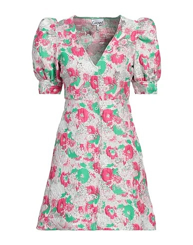 GANNI Floral Brocade Puff Sleeve V-neck Dress - Pink