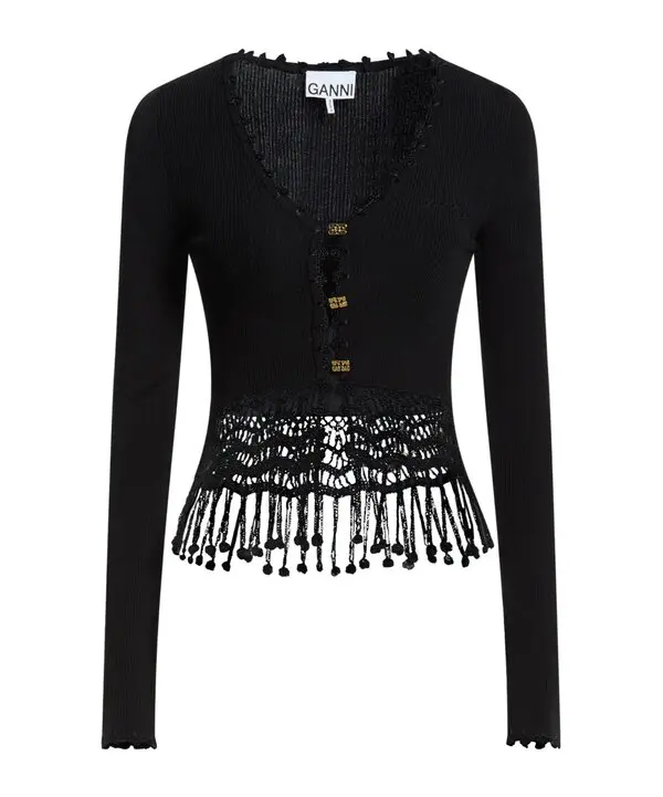 GANNI Ribbed Knit Button-down Cardigan With Lace And Tassel Trim