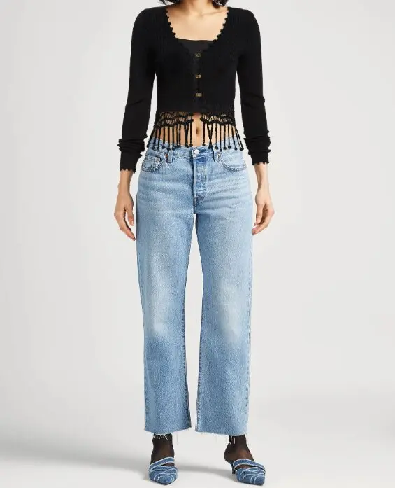 GANNI Ribbed Knit Button-down Cardigan With Lace And Tassel Trim