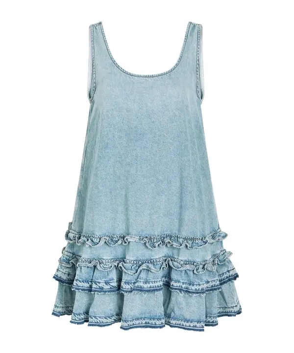 GANNI Frill Denim Mini Dress - Blue
