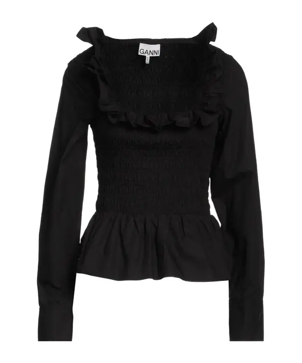 GANNI Square Neck Ruffled Long Sleeve Top - Black