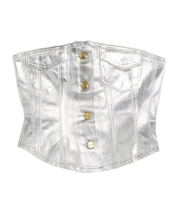 GANNI Metallic Denim Strapless Crop Top - White