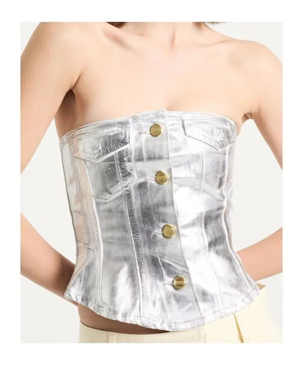 GANNI Metallic Denim Strapless Crop Top