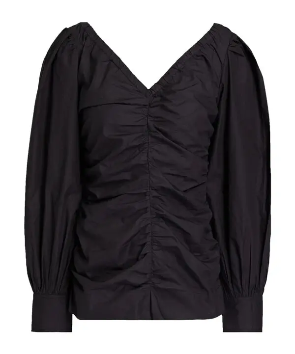 GANNI Pleated V-neck Long Sleeve Blouse