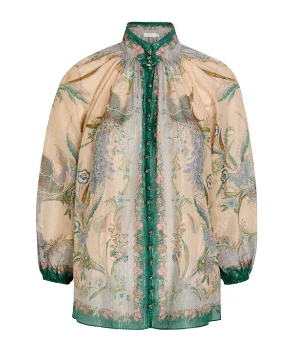 Zimmermann Printed Metallic Cotton And Silk-blend Blouse - Nude