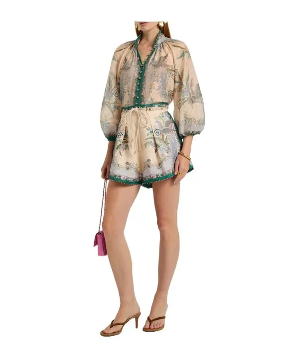 Zimmermann Printed Metallic Cotton And Silk-blend Blouse - Nude