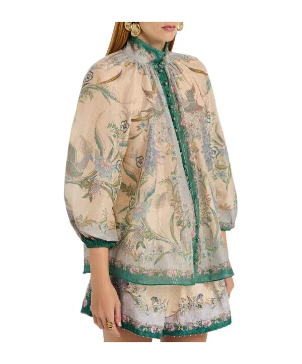 Zimmermann Printed Metallic Cotton And Silk-blend Blouse - Nude