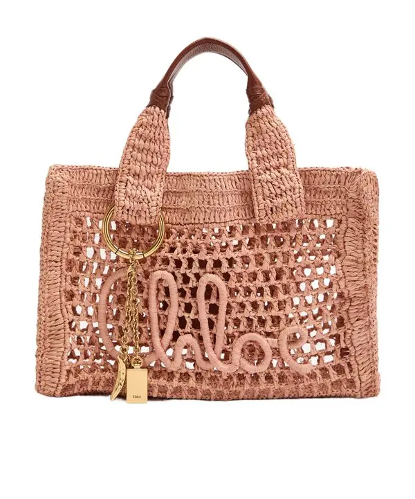 Chloé Raffia Tote Bag With Leather Handles And Charm