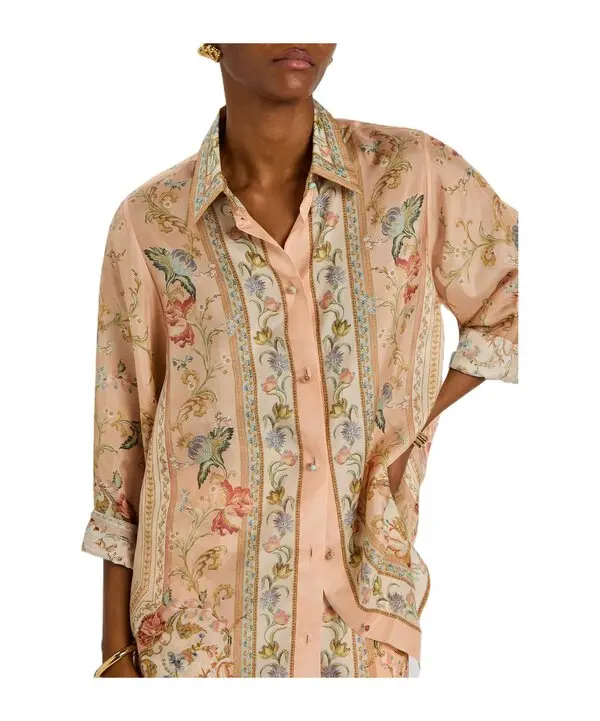 Zimmermann Printed Silk Shirt With Buttoned Cuffs And Curved Hem