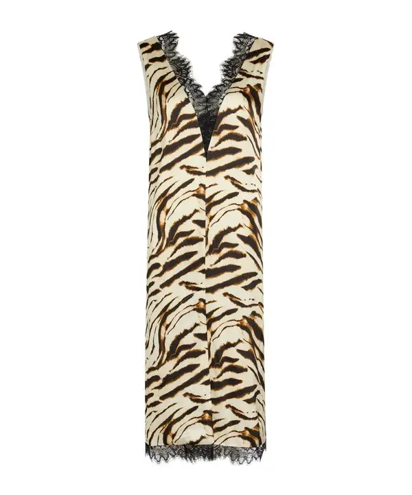 GANNI Printed Lace-trim Satin Midi Dress - Nude