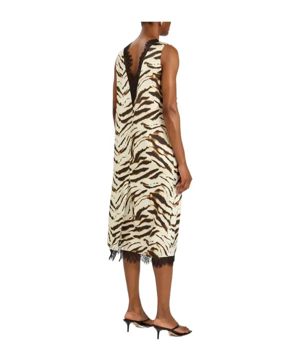 GANNI Printed Lace-trim Satin Midi Dress