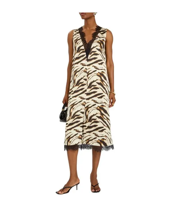 GANNI Printed Lace-trim Satin Midi Dress