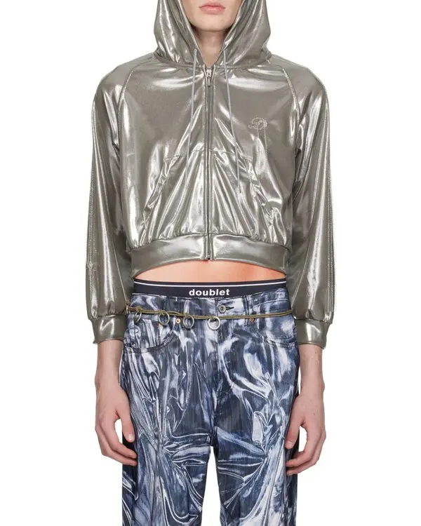 DOUBLET Hooded Metallic Zip-up Jacket With Chain Belt Accents
