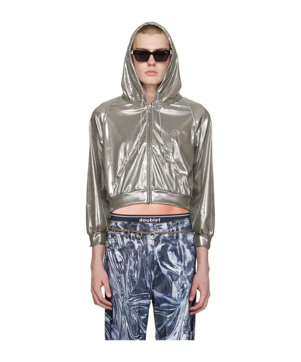 DOUBLET Hooded Metallic Zip-up Jacket With Chain Belt Accents