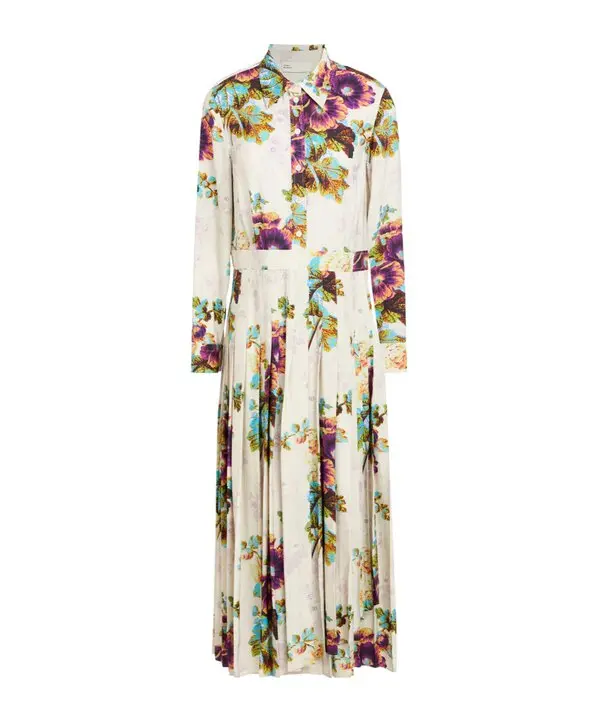 Tory Burch Floral Pleated Long Sleeve Shirt Dress